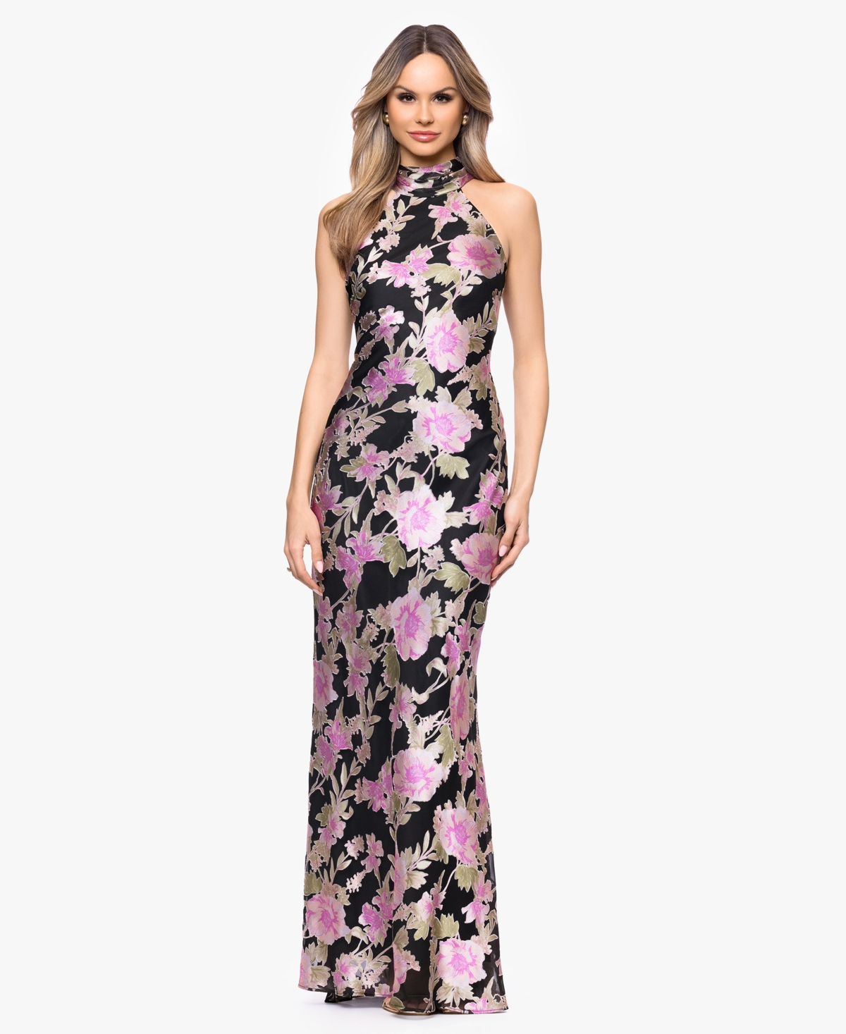 Click here for Xscape Womens Halter Neck Printed Gown - Black/Mul... prices