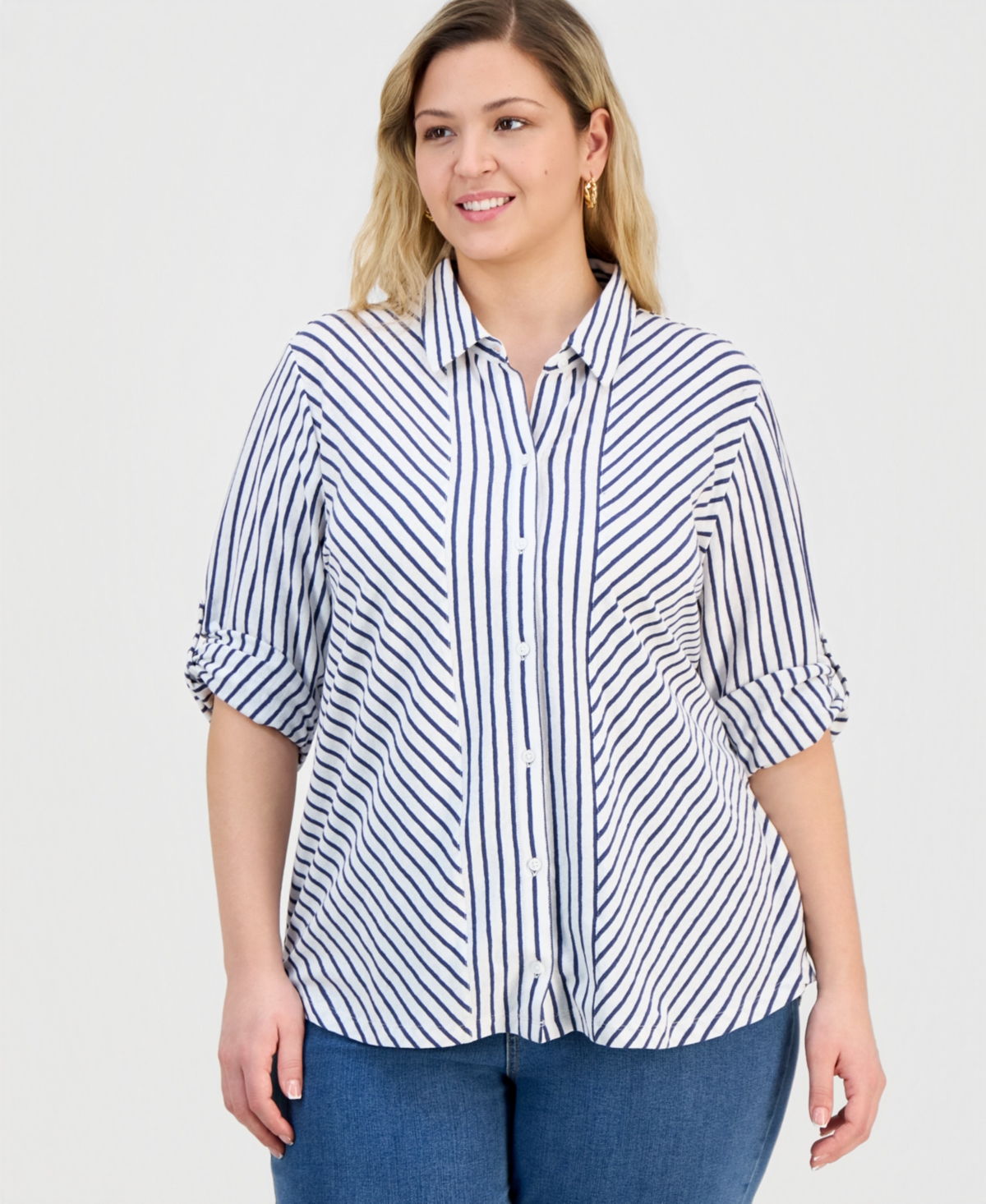 Click here for Style & Co Plus Size Striped Knit Roll-Tab Shirt... prices