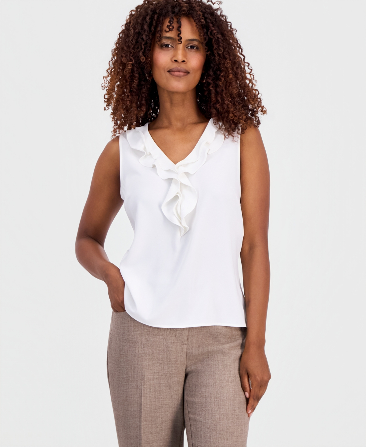 Click here for Kasper Womens Ruffled V-Neck Sleeveless Top - Vani... prices