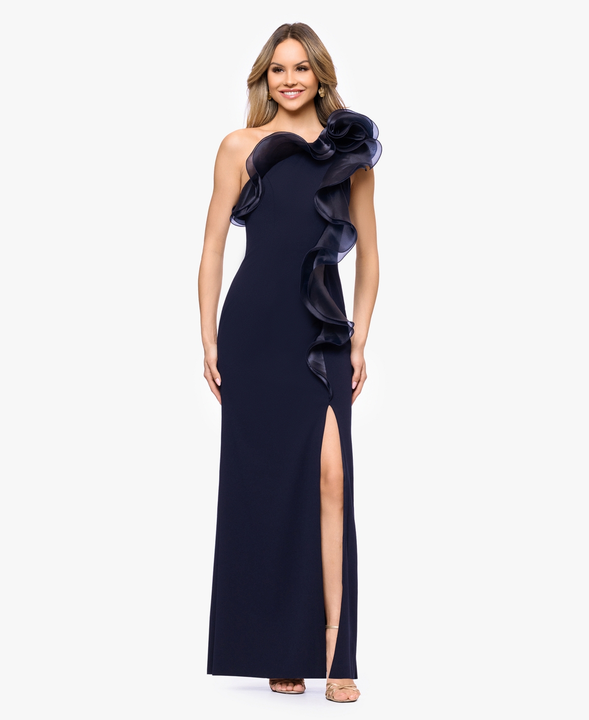 Click here for Betsy & Adam Womens Scuba Crepe Organza-Ruffle Lon... prices
