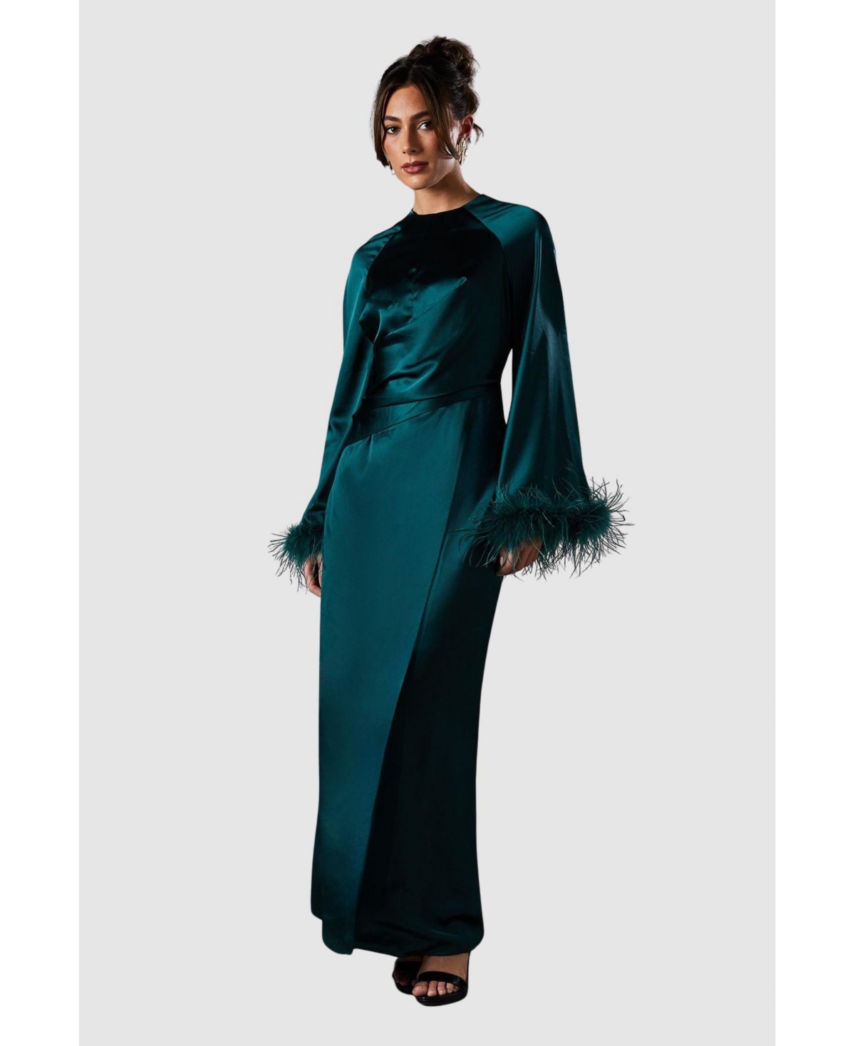 Click here for Coast Womens Feather Trim Satin Maxi Dress - Green prices