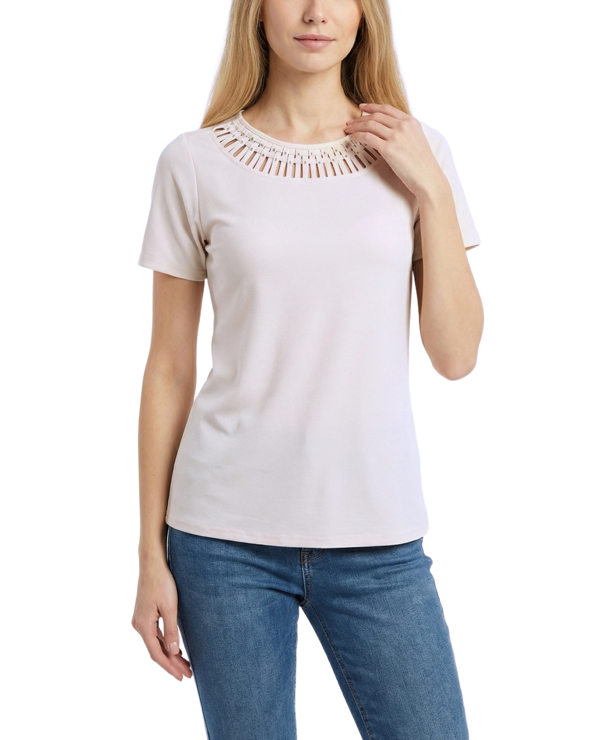 Click here for Ny Collection Petite Short Sleeve Top with Woven N... prices