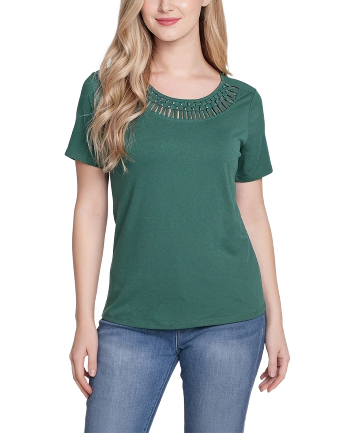Click here for Ny Collection Petite Short Sleeve Top with Woven N... prices