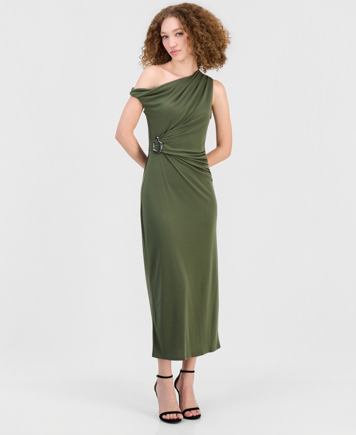 Click here for Robbie Bee Womens Asymmetrical Side-Ruched Midi Dr... prices
