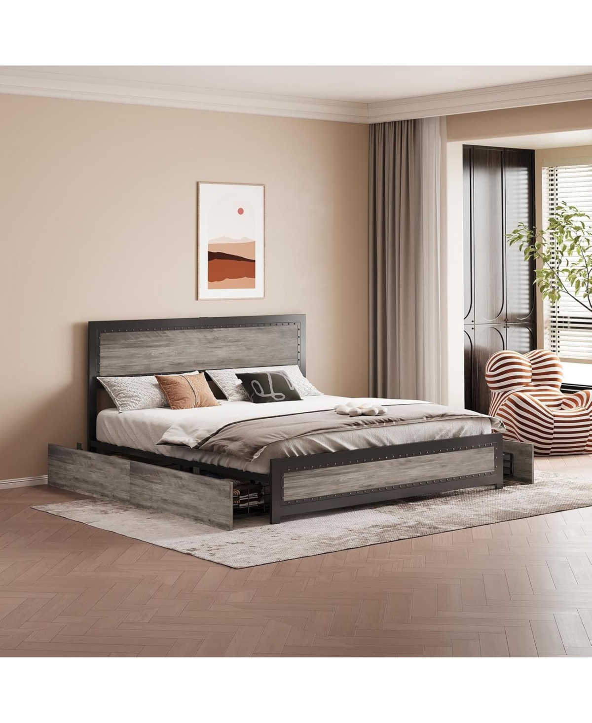 Click here for gaomon Industrial Bed Frame with 4 Storage Drawers... prices