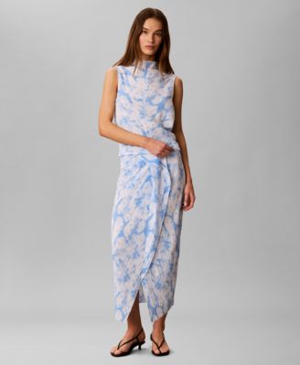 Click here for Calvin Klein Womens Printed Plisse Mock Neck Sleev... prices
