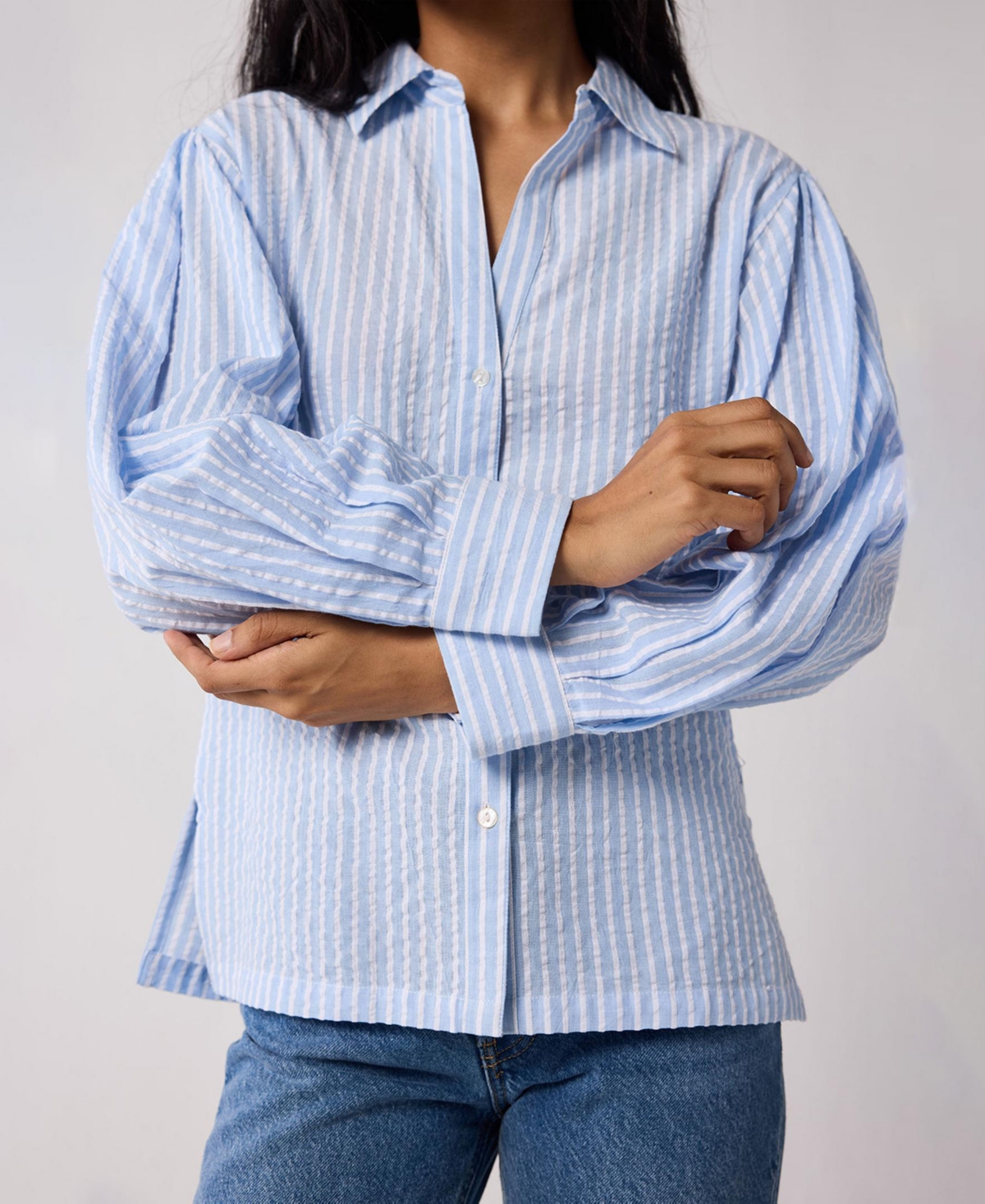 Click here for Reistor Womens Long Balloon Sleeves Striped Shirt prices