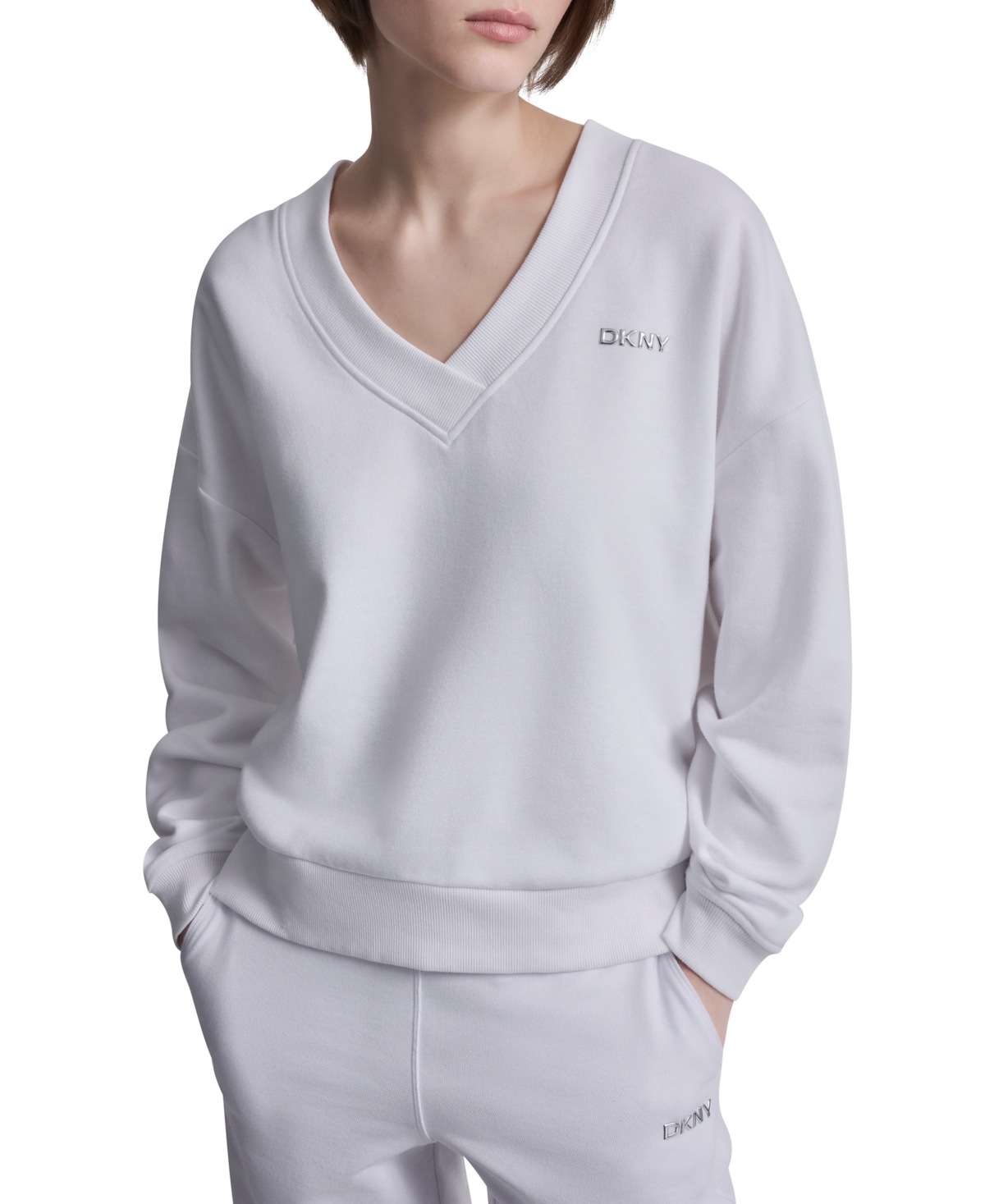 Click here for Dkny Sport Womens Metallic Bubble Logo V-Neck Swea... prices