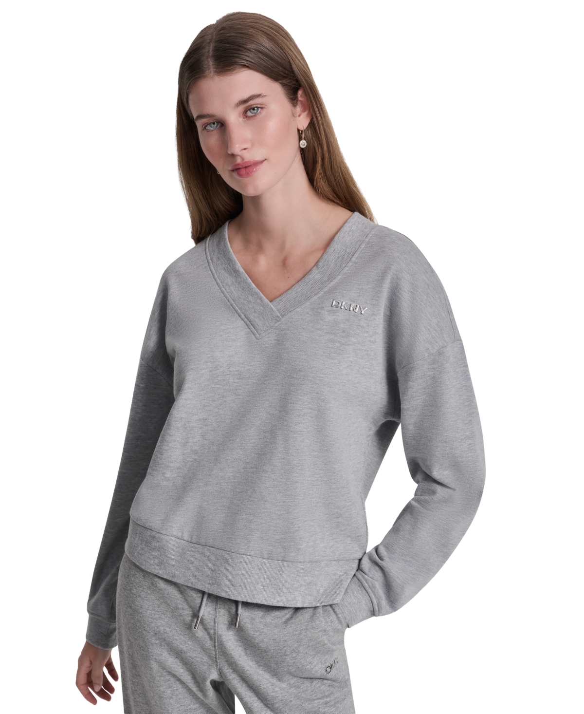 Click here for Dkny Sport Womens Metallic Bubble Logo V-Neck Swea... prices