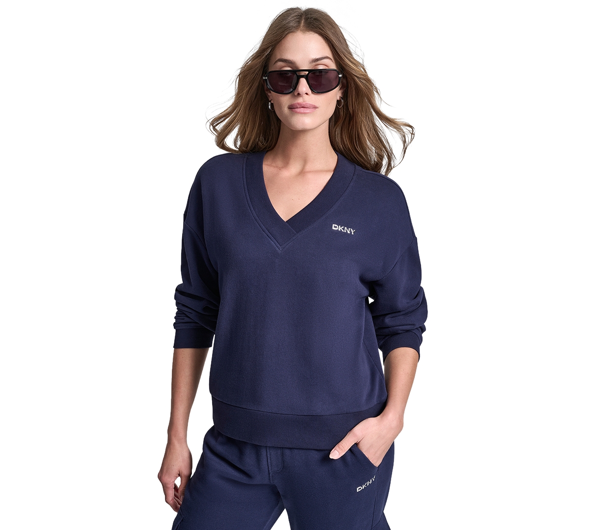 Click here for Dkny Sport Womens Metallic Bubble Logo V-Neck Swea... prices