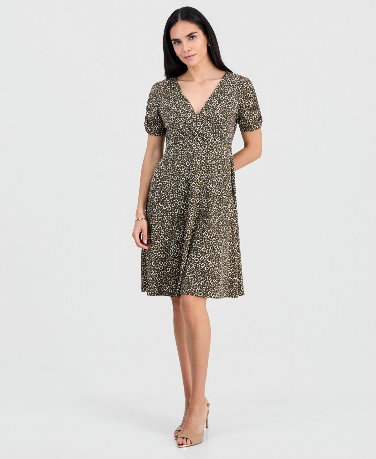 Click here for Connected Petite Ruched-Sleeve Crossover-Neck Dres... prices