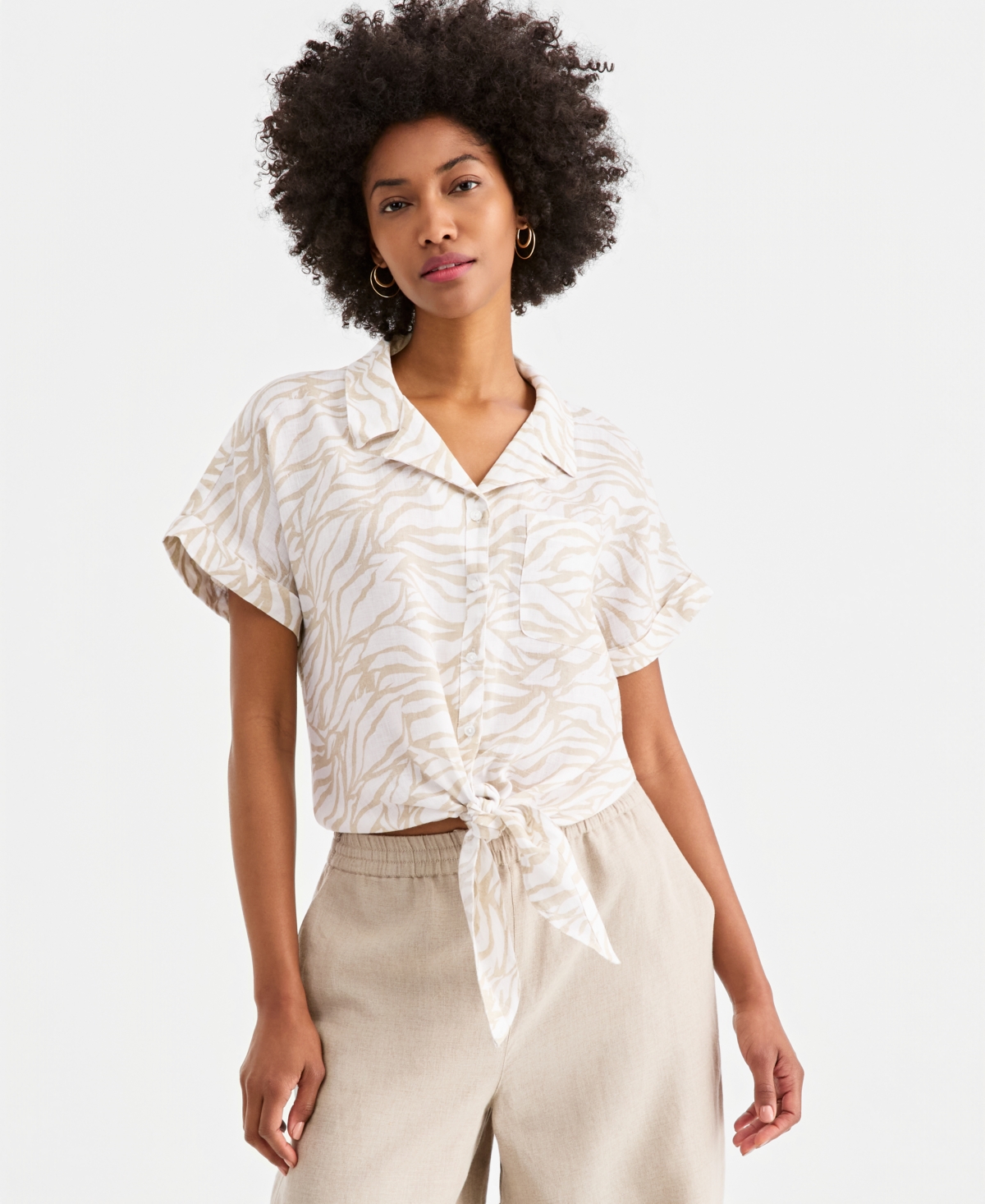 Click here for Charter Club Womens 100 Linen Tie-Front Shirt  Cre... prices