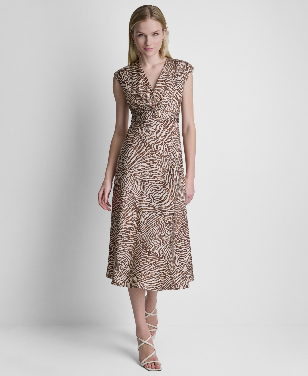 Click here for Dkny Womens V-Neck Knot Front Midi Dress - Alabast... prices