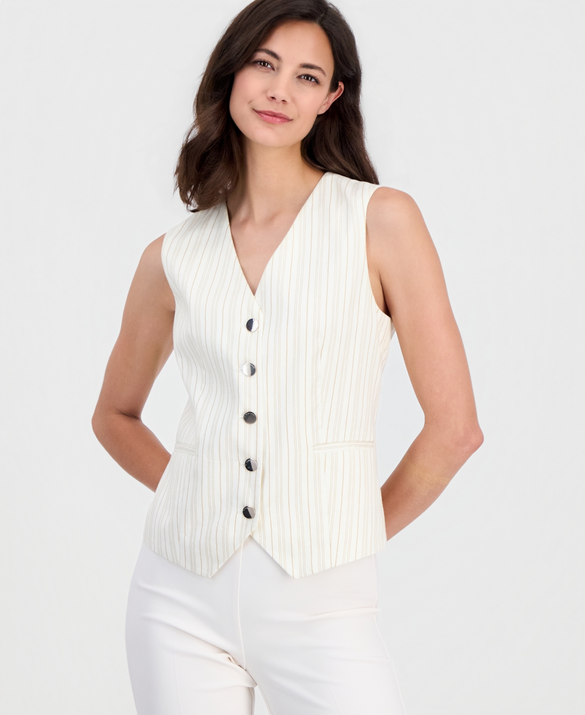 Click here for T Tahari Womens Sleeveless Button-Front Vest - Nat... prices