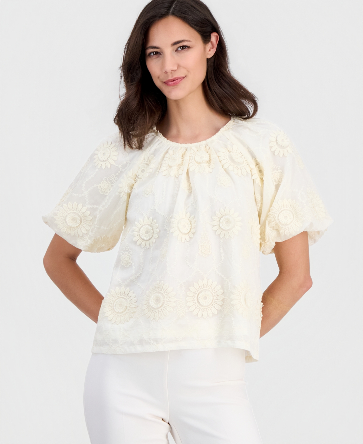 Click here for T Tahari Womens Crewneck Short-Sleeve Blouse - Ecr... prices