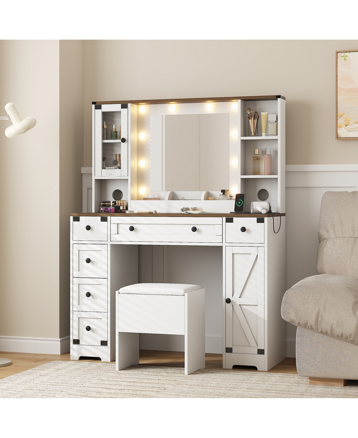 Click here for Homfan Farmhouse Vanity Desk with Led Mirror and C... prices