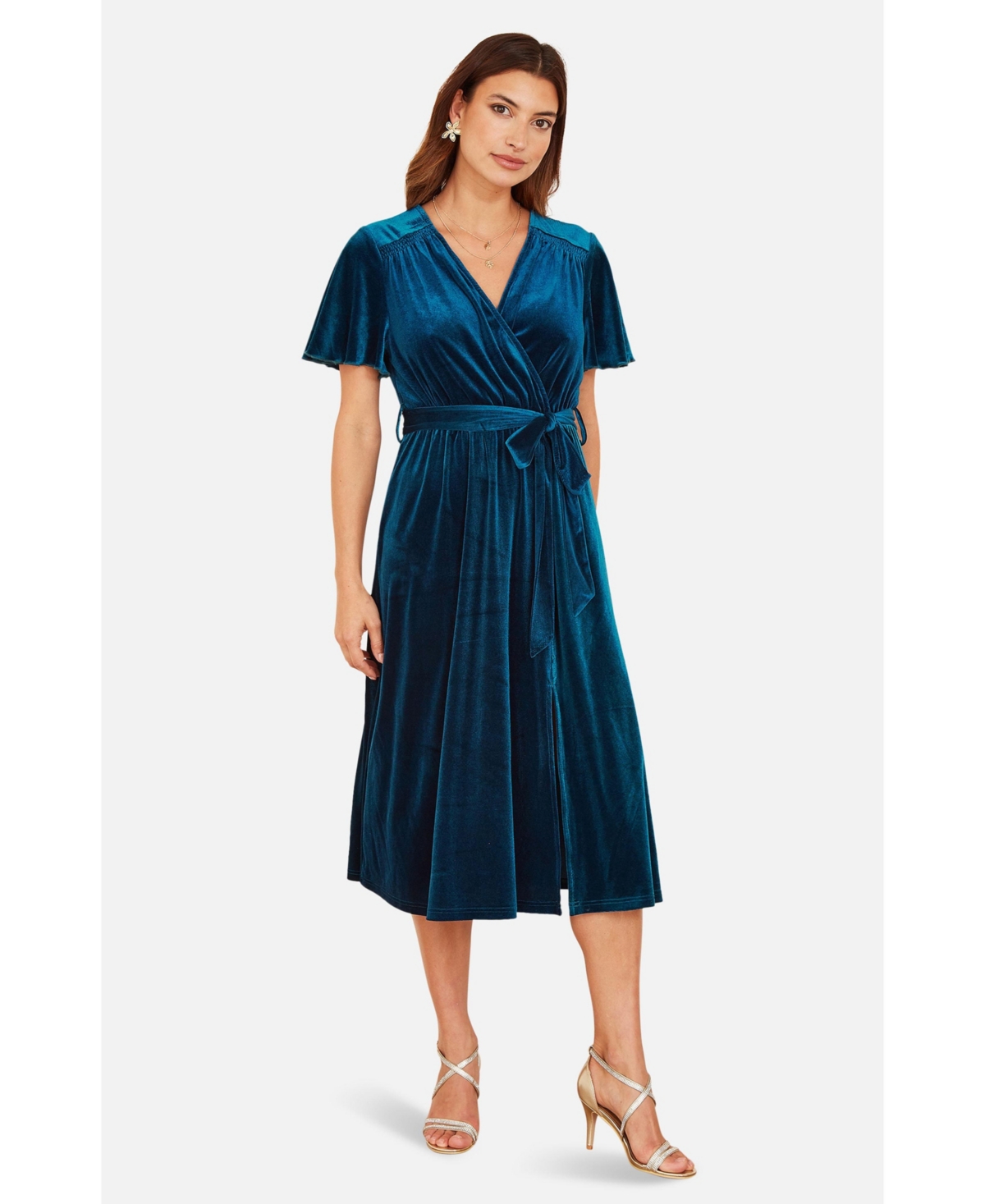Click here for Yumi Womens Velvet Split Hem Midi Dress - Teal prices