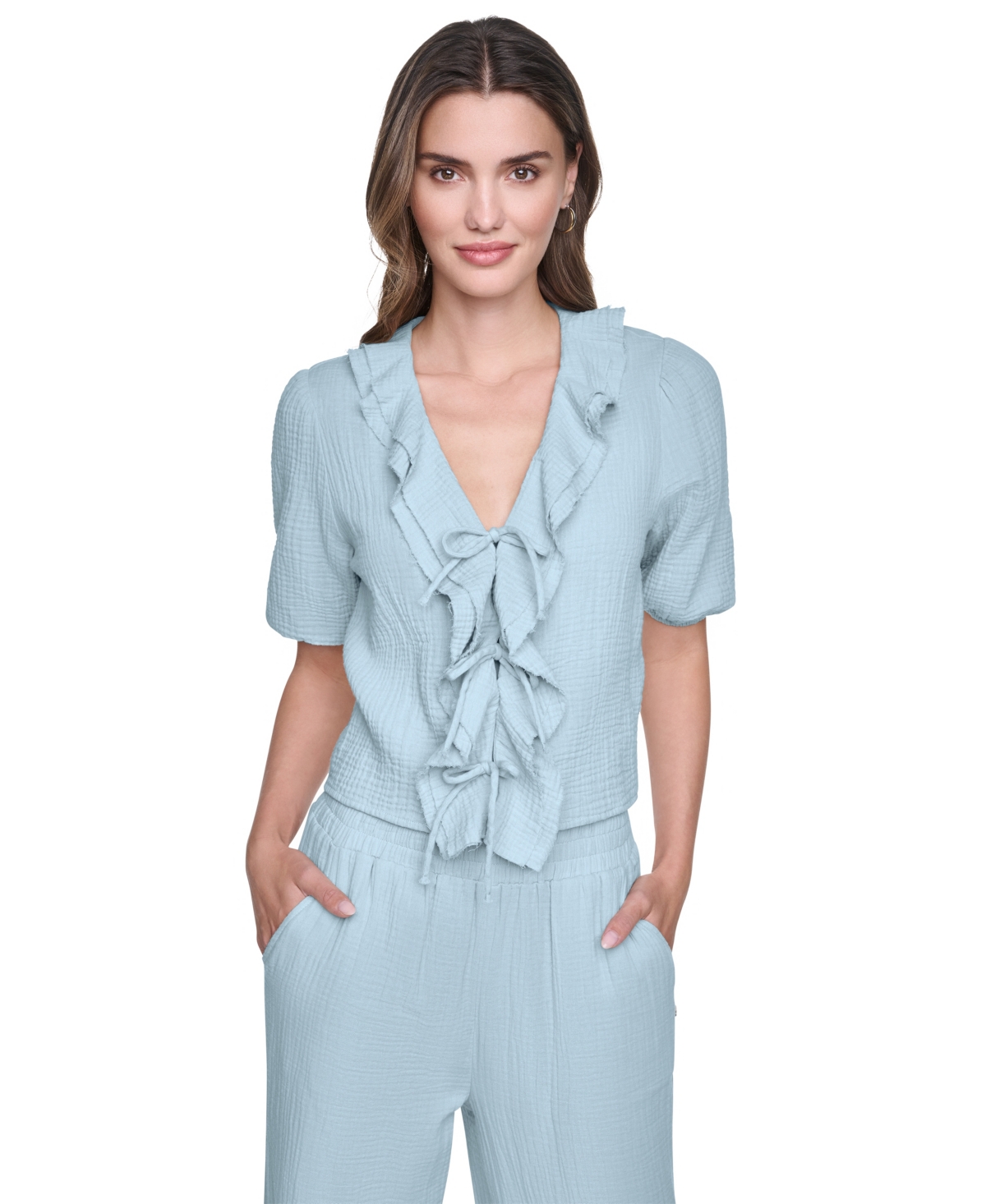 Click here for Dkny Jeans Womens V-Neck Short Puff Sleeve Tie-Fro... prices