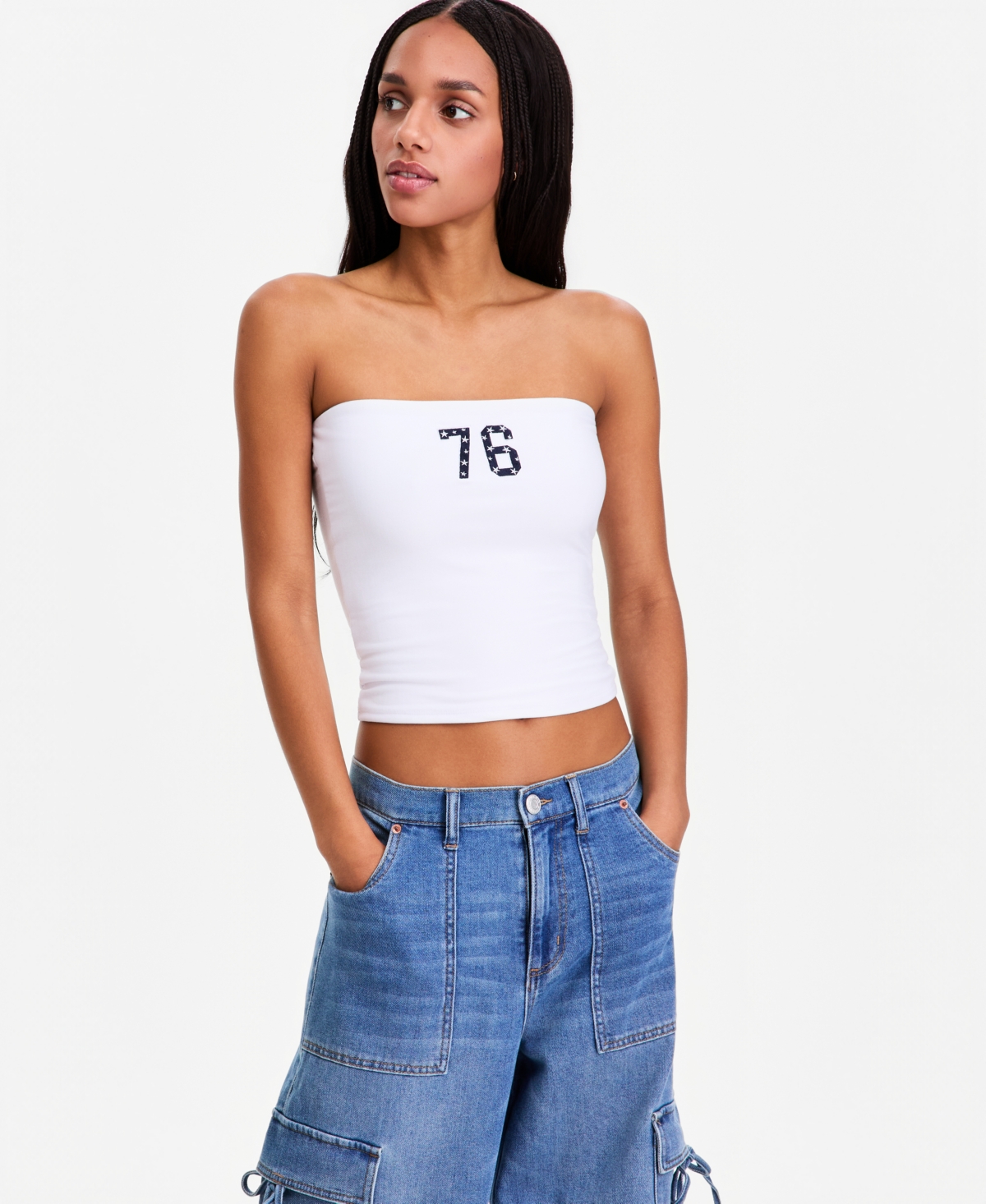 Click here for Planet Gold Juniors Graphic Fitted Tube Top - Whit... prices