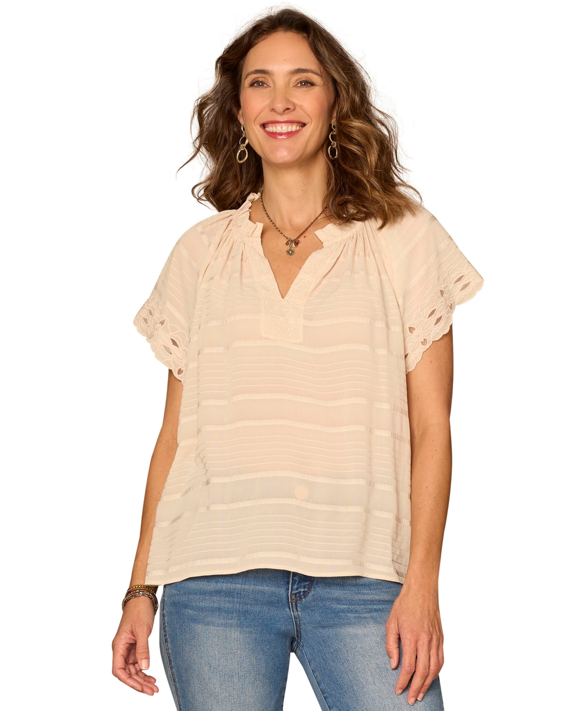 Click here for Democracy Petite Embroidered V-Neck Woven Top - So... prices