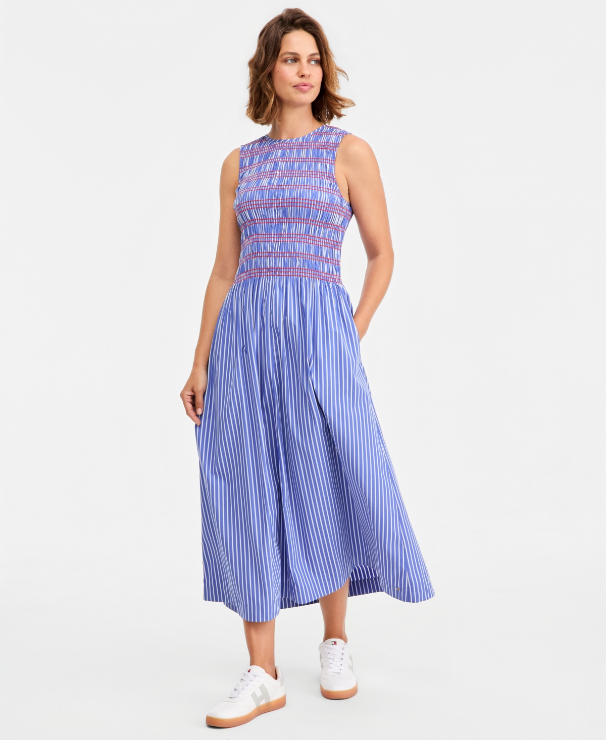 Click here for Tommy Hilfiger Womens Cotton Smocked Striped Maxi... prices