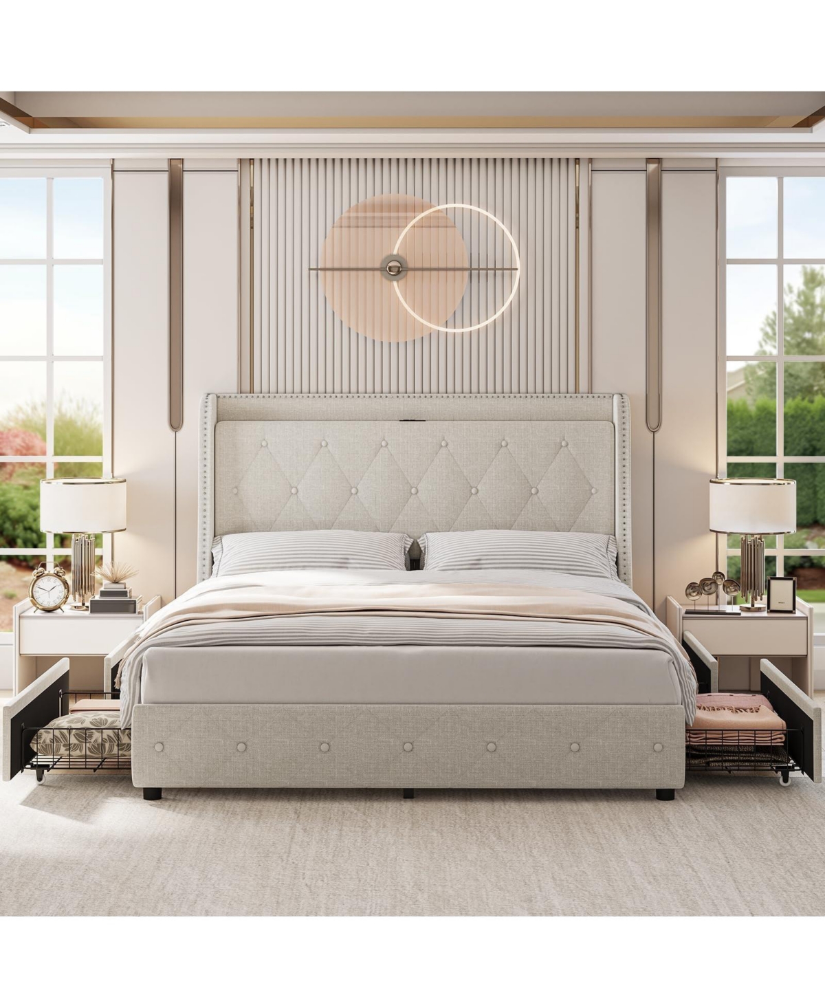 Click here for gaomon Upholstered Bed Frame with 4 Drawers  Charg... prices