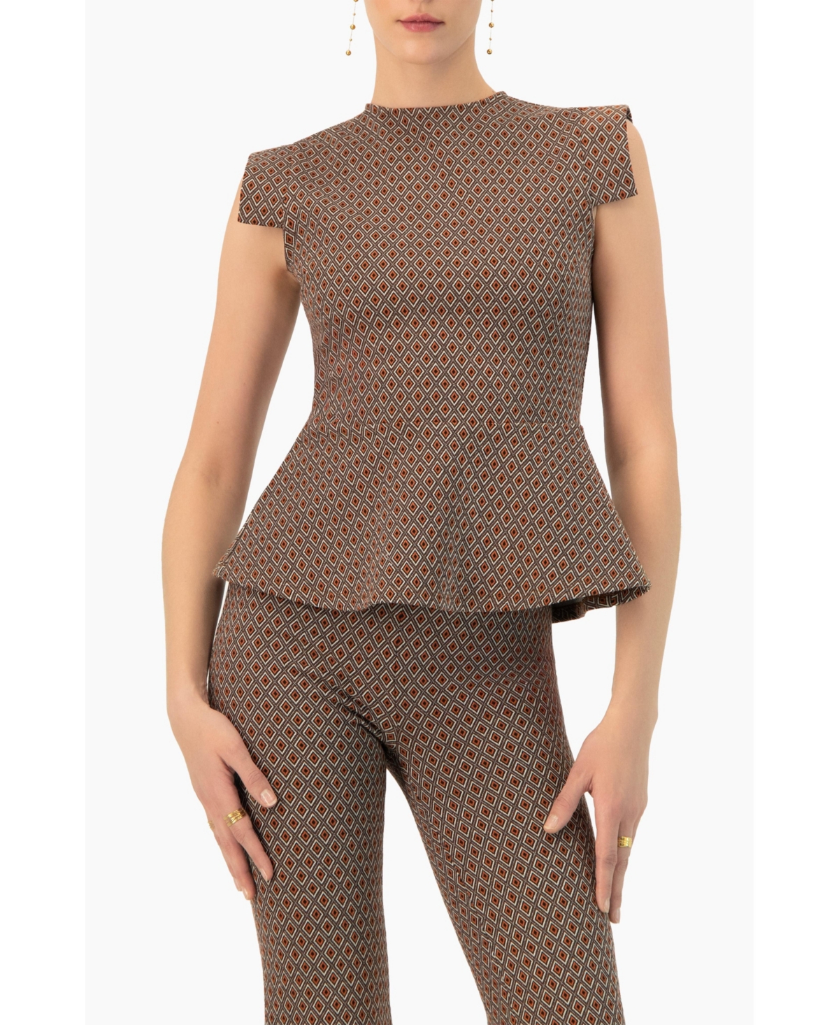Click here for Ivonne Womens Geometric Peplum Blouse - Brown prices