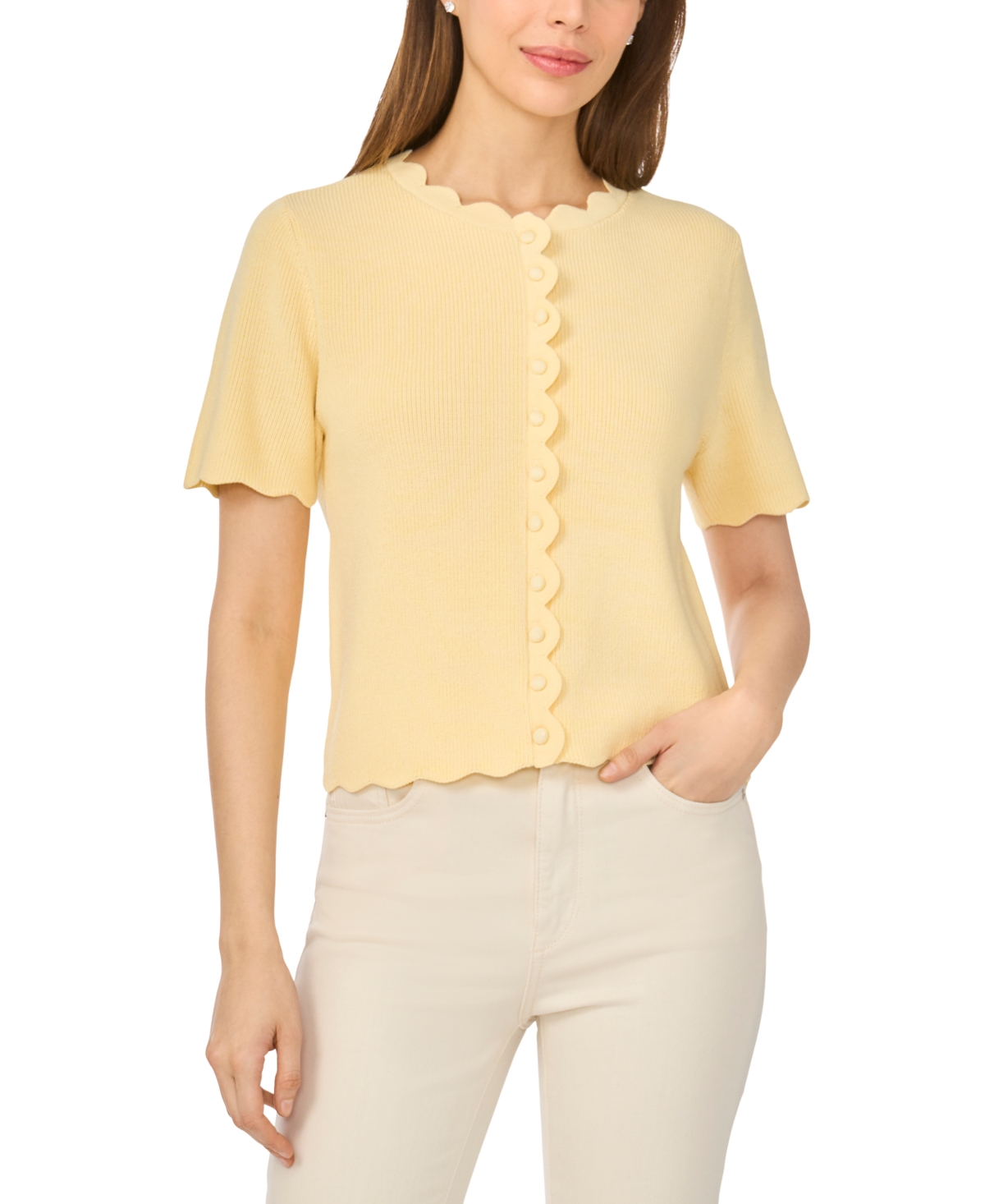 Click here for CeCe Womens Crewneck Scallop-Edge Cardigan Sweater... prices