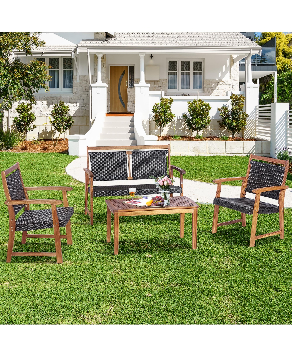 Click here for Costway 4 Pcs Patio Rattan Furniture Set Acacia Wo... prices