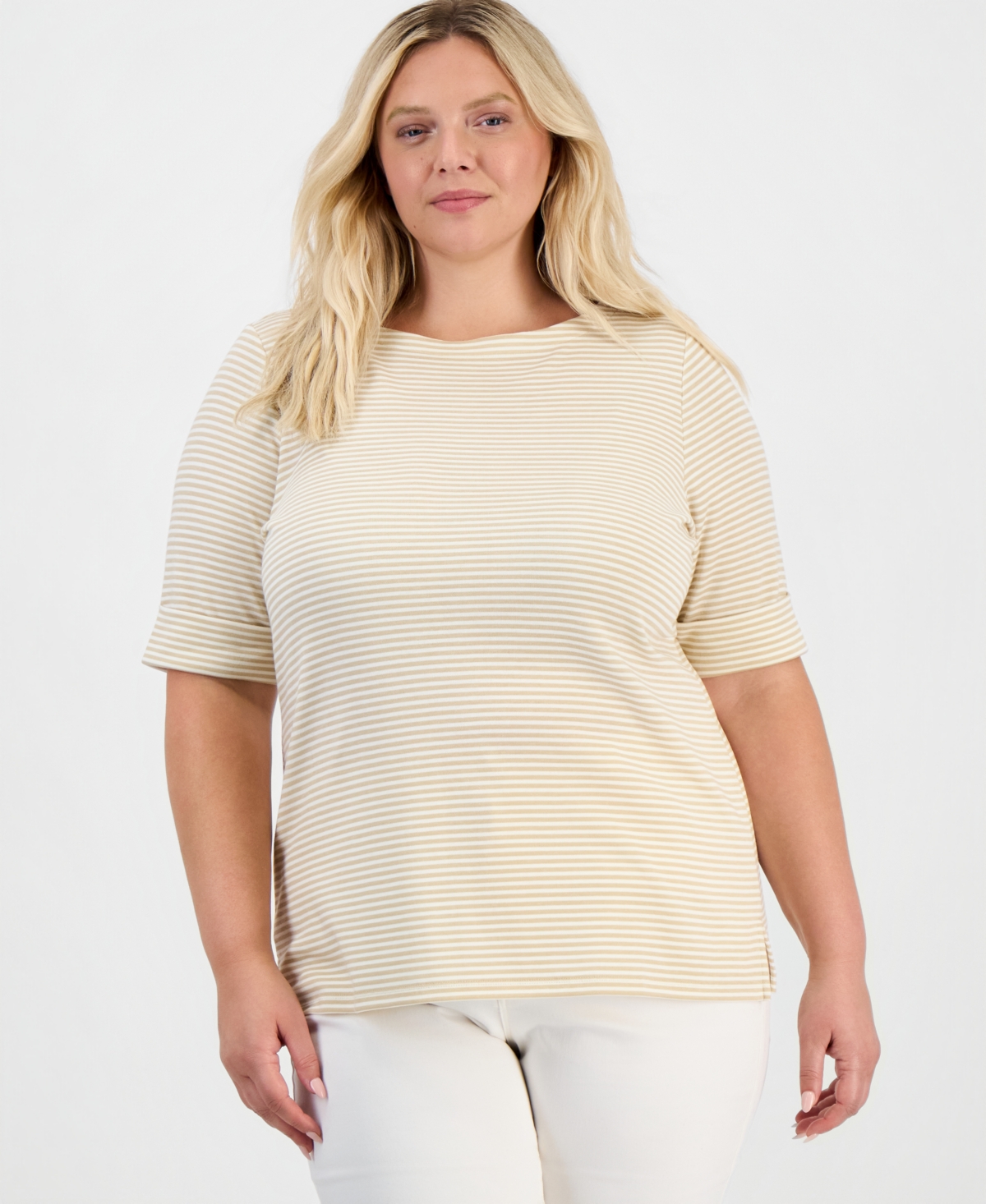 Click here for Style & Co Plus Size Elbow Feeder Stripe Boatneck... prices