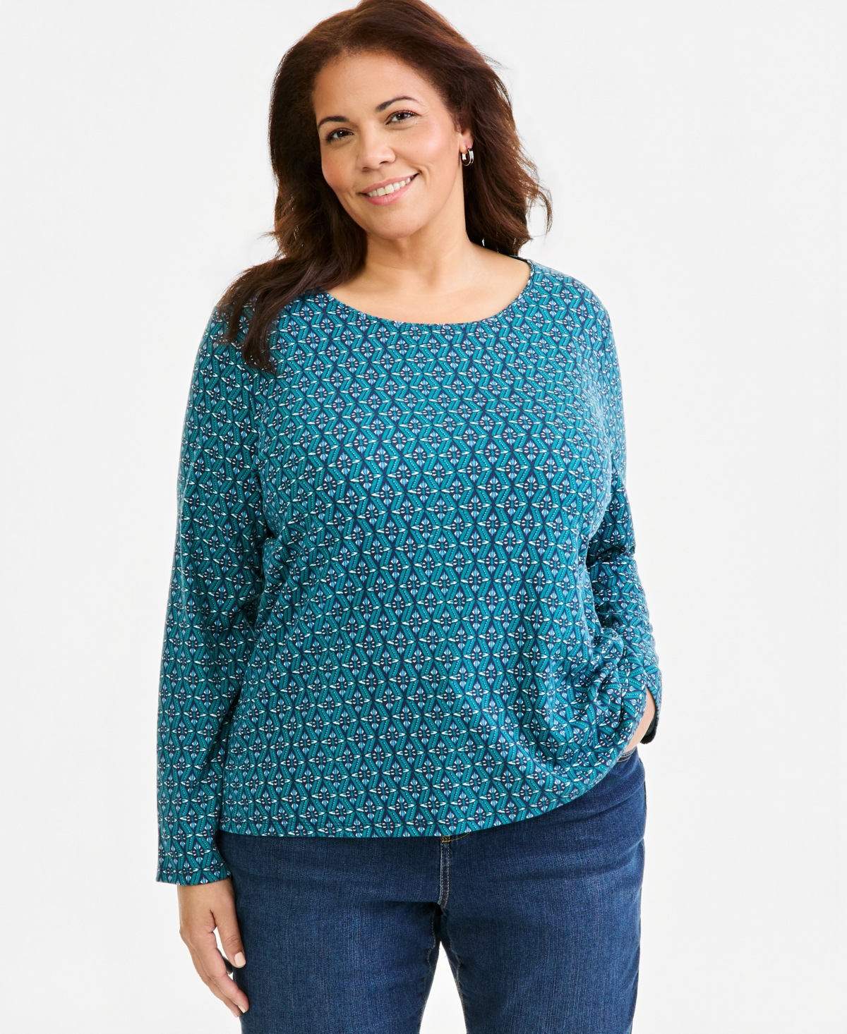 Click here for Style & Co Plus Size Printed Long-Sleeve Scoop-Nec... prices