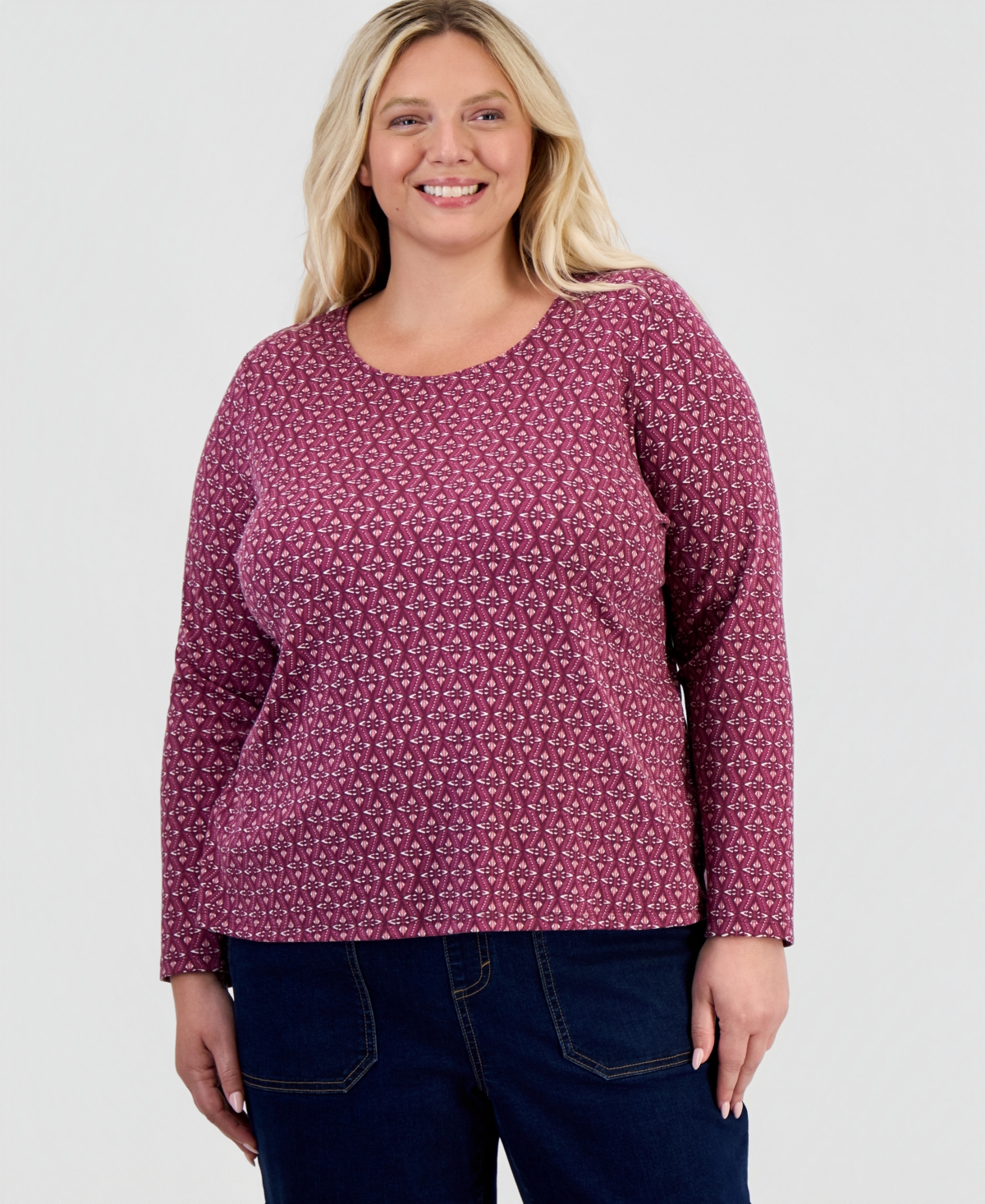 Click here for Style & Co Plus Size Long-Sleeve Scoop Neck Geomet... prices
