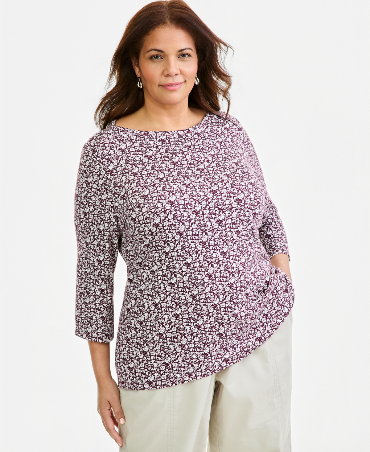 Click here for Style & Co Plus Size Printed 3/4 Sleeve Boat-Neck... prices