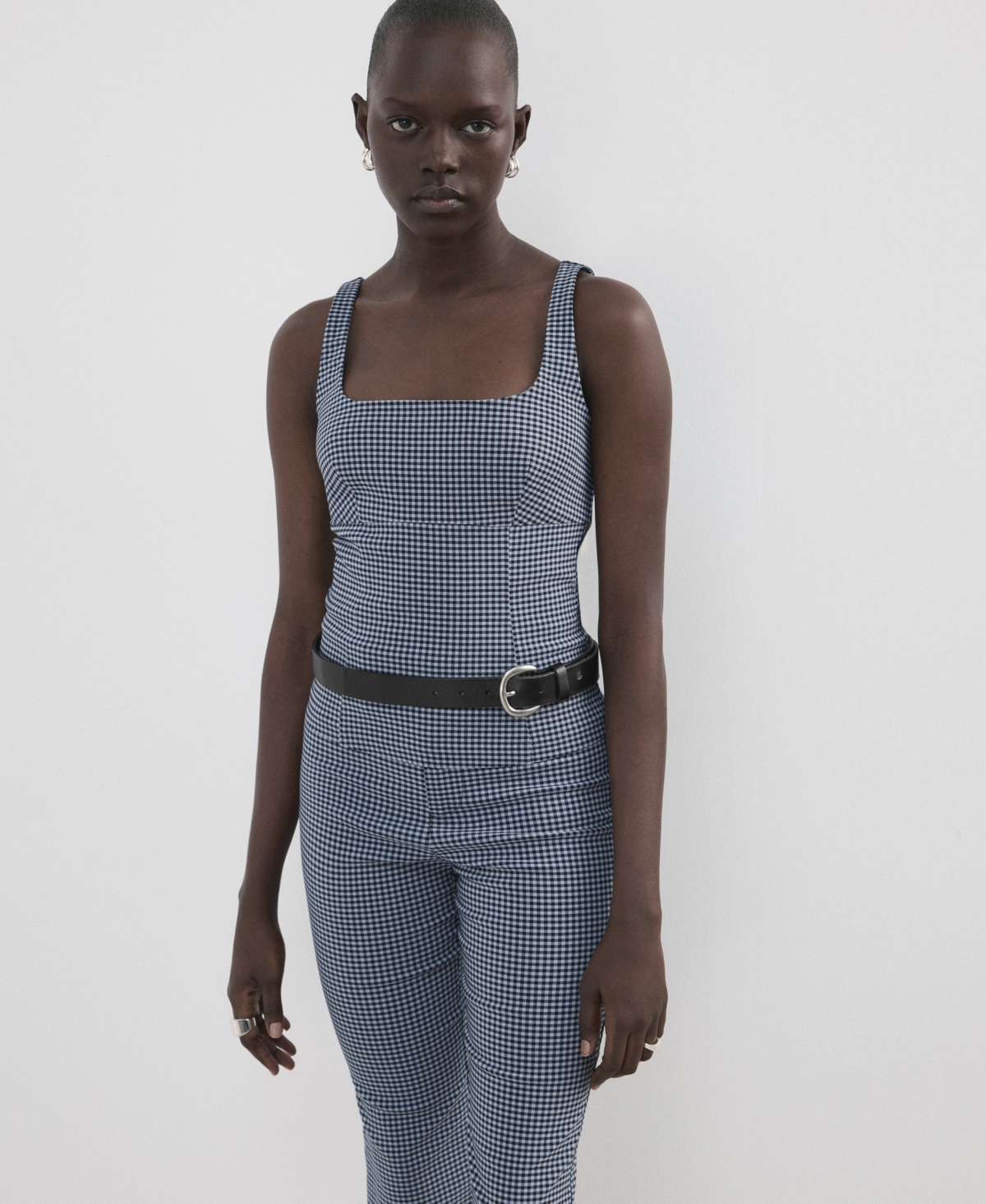 Click here for Mango Womens Gingham Check Print Fitted Top - Blue prices