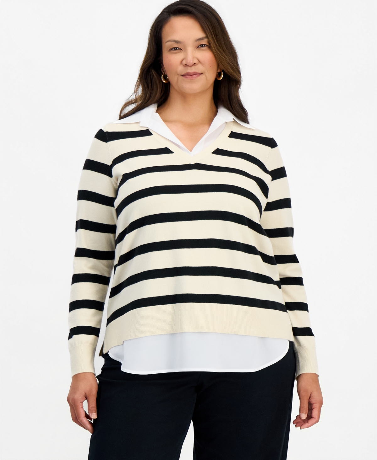 Click here for Style & Co Plus Size Striped Layered V-Neck Sweate... prices