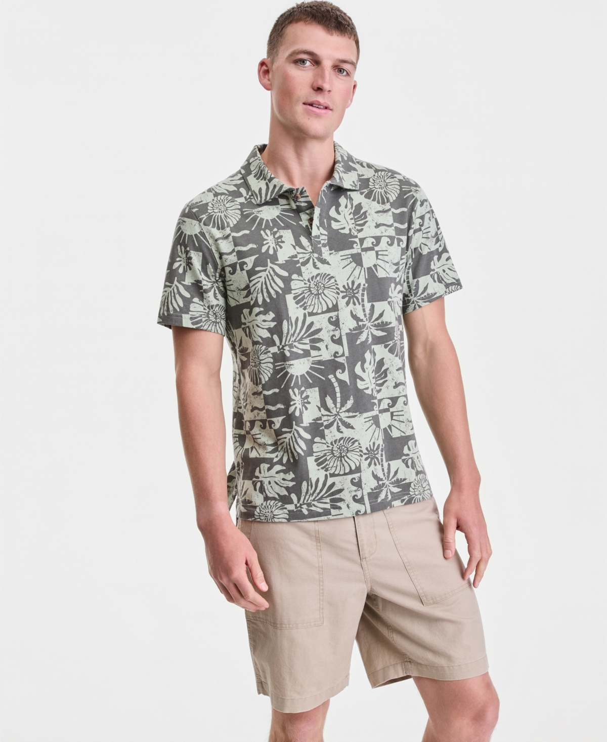 Click here for Sun + Stone Mens Cotton Palm-Print Polo Shirt  Mac... prices
