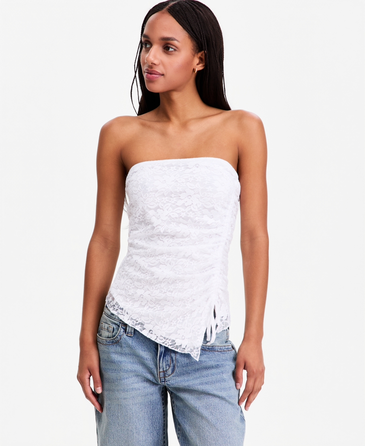Click here for Madden Girl Juniors Lace Side-Ruched Tube Top - Wh... prices