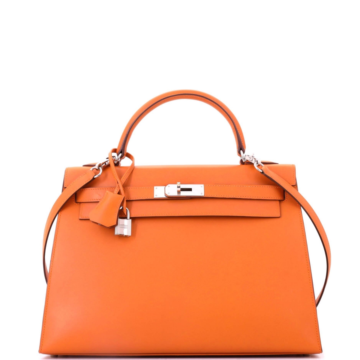Click here for Pre-Owned HERMES Kelly 32 Handbag Orange Box Calf... prices