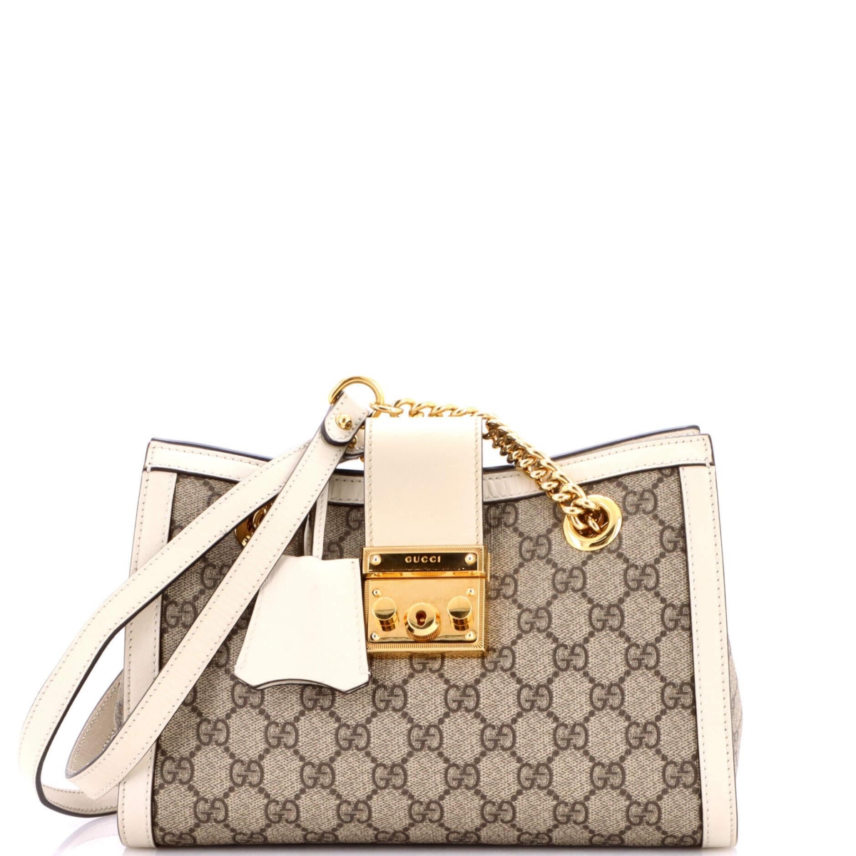 Click here for Pre-Owned Gucci Small Padlock Chain Tote Gg Coated... prices