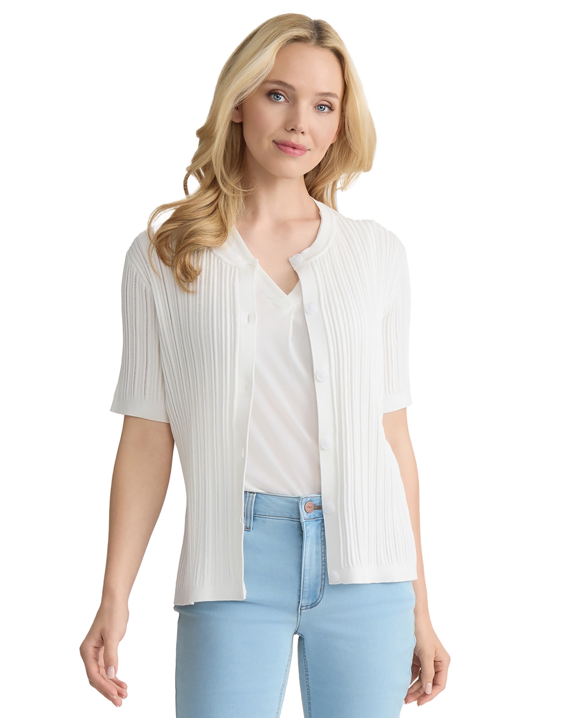 Click here for Jones New York Petite Short-Sleeve Pointelle Cardi... prices