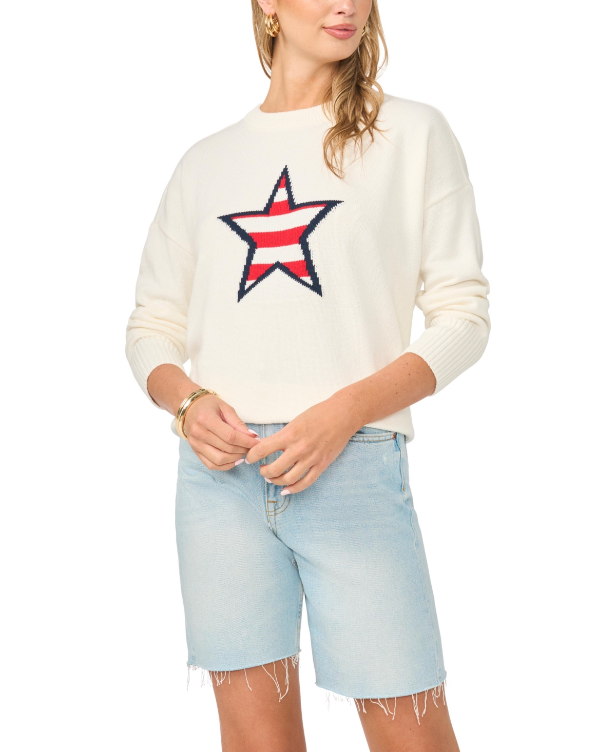Click here for Vince Camuto Womens Star Stripes Motif Crewneck Sw... prices