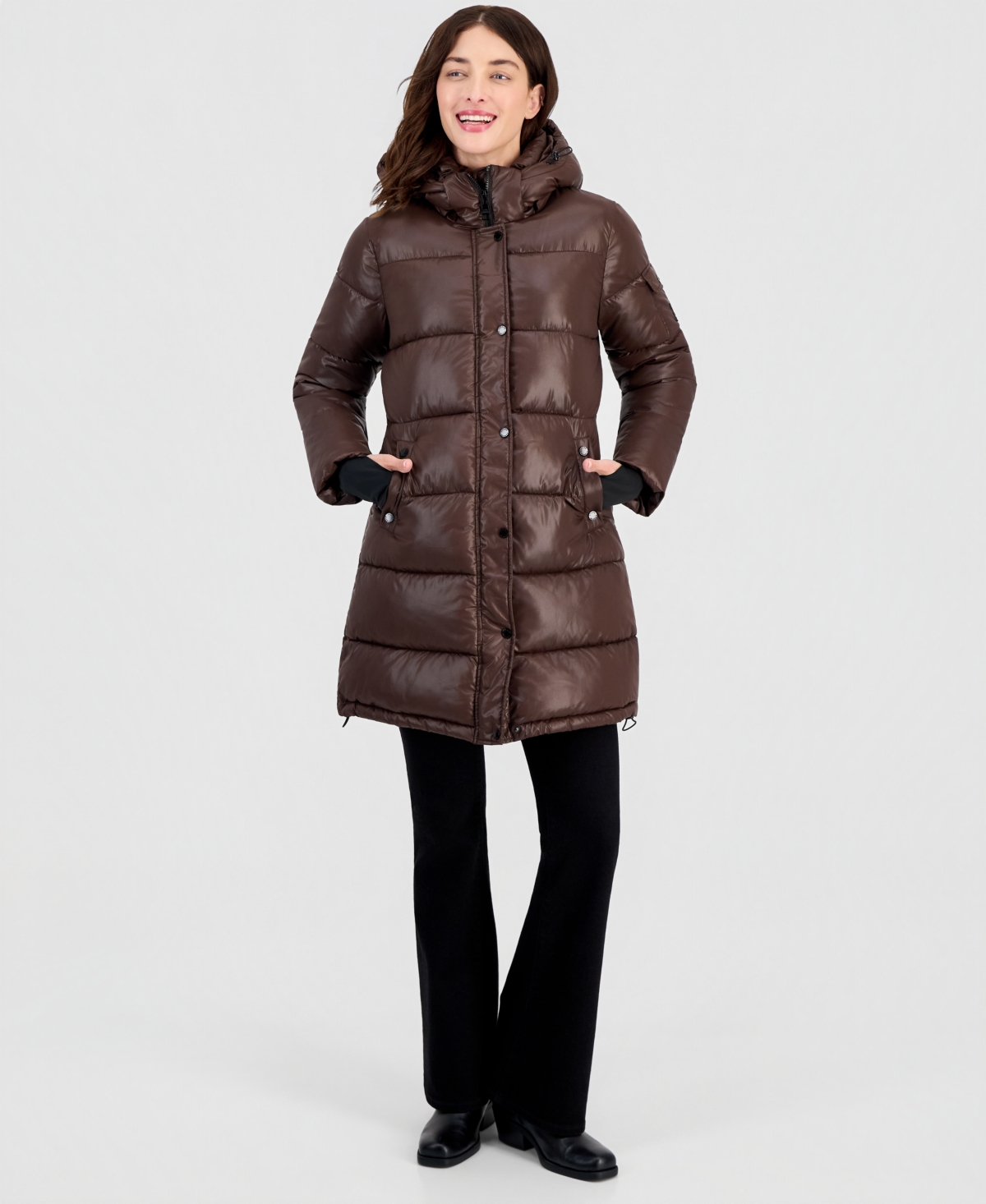 Click here for Steve Madden Womens Hooded Puffer Coat - Espresso prices