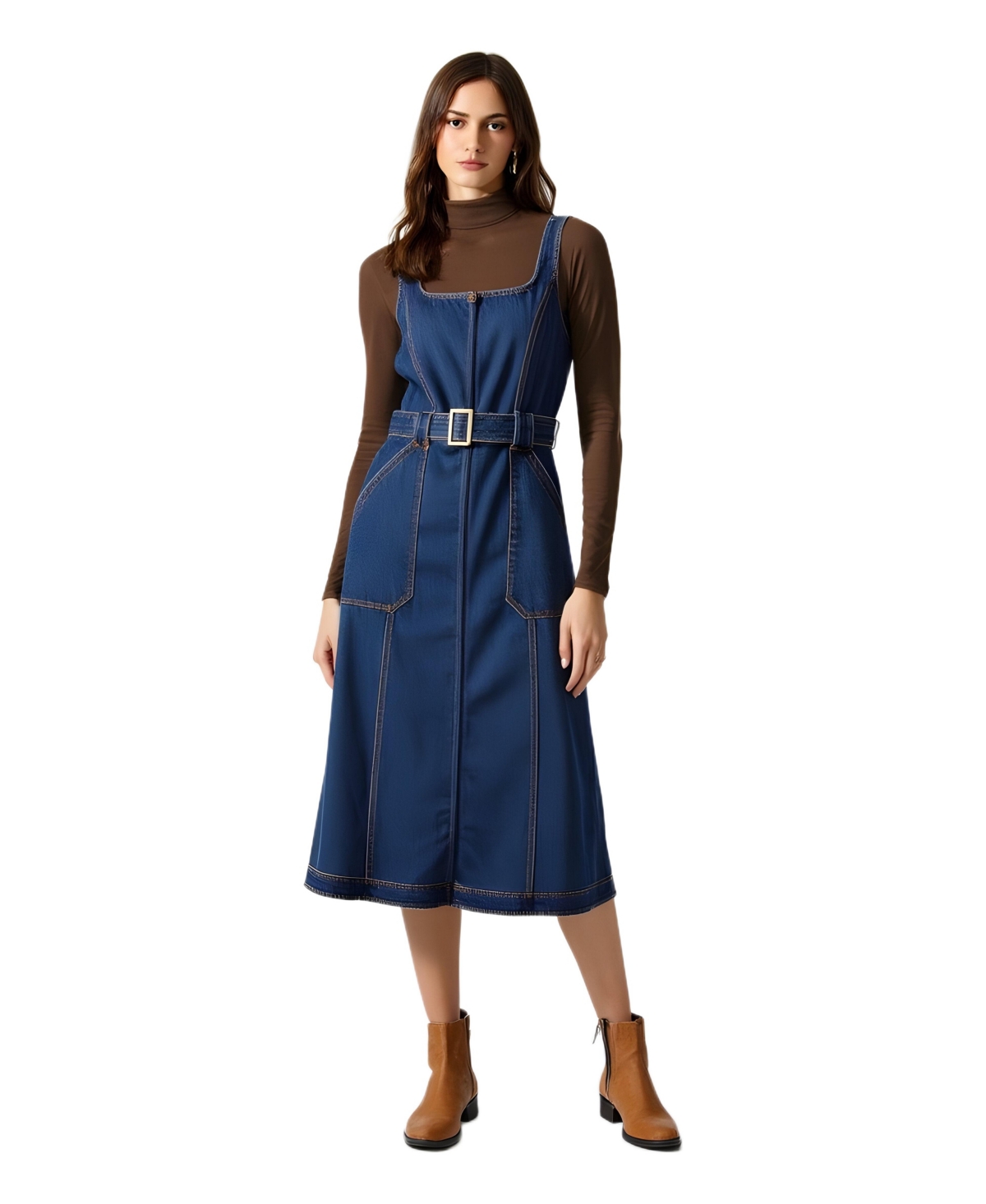 Click here for Modenaire Womens Square-Neck Zip-Front Denim Midi... prices