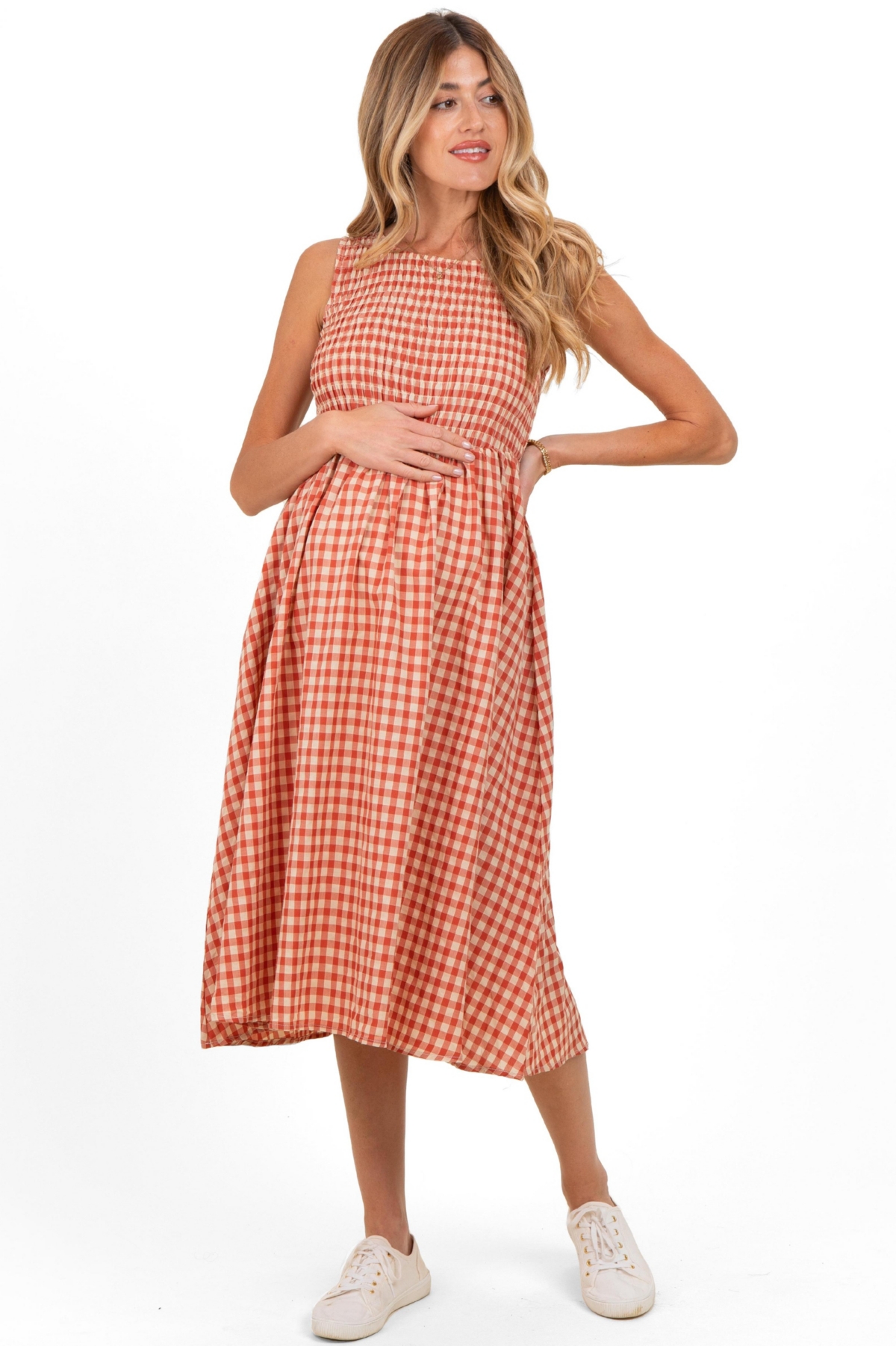 Click here for Pinkblush Maternity Red Gingham Smocked Sleeveless... prices