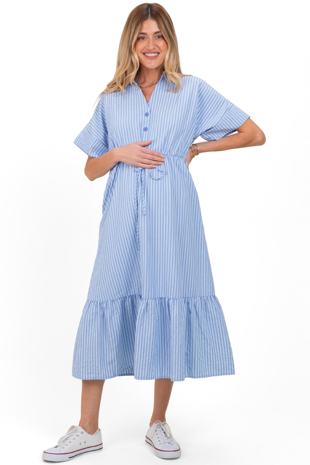 Click here for Pinkblush Maternity Light Blue Striped Button Coll... prices