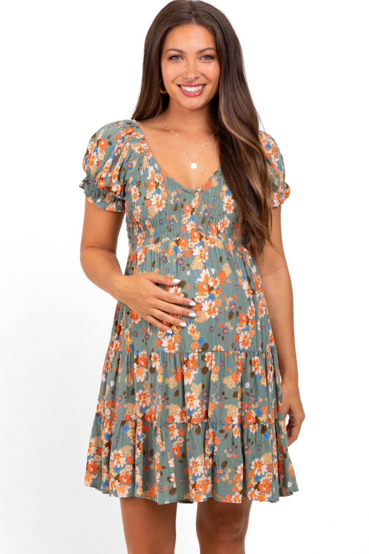 Click here for Pinkblush Womens Olive Floral Smocked V-Neck Puff... prices