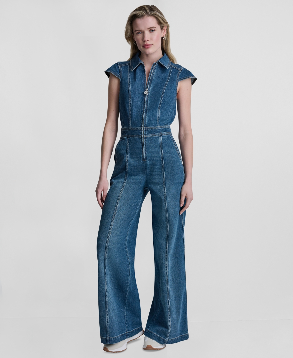 Click here for Dkny Jeans Womens Wide-Leg Cap-Sleeve Denim Jumpsu... prices