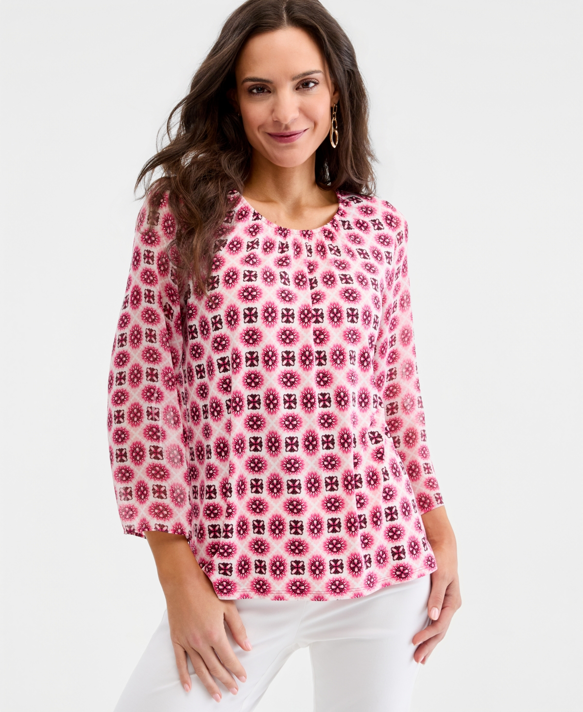 Click here for Jm Collection Womens Printed Chiffon-Sleeve Gather... prices