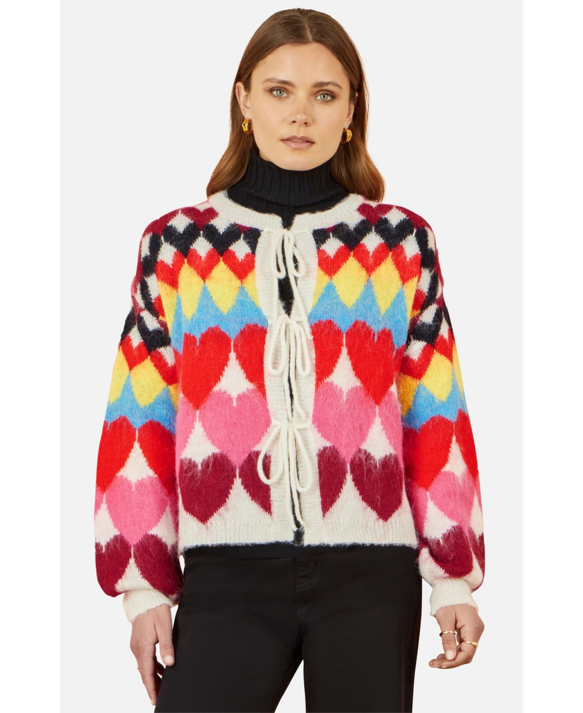 Click here for Yumi Womens Tie Front Heart Intarsia Cardigan - Mu... prices