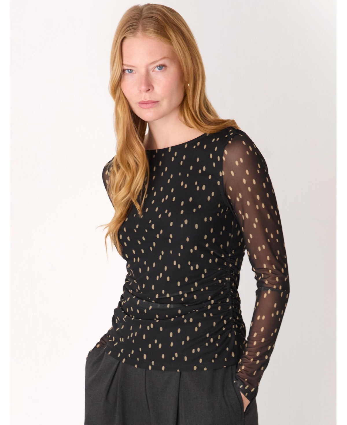 Click here for Whistles Womens Spot Print Mesh Jersey Top - Black prices